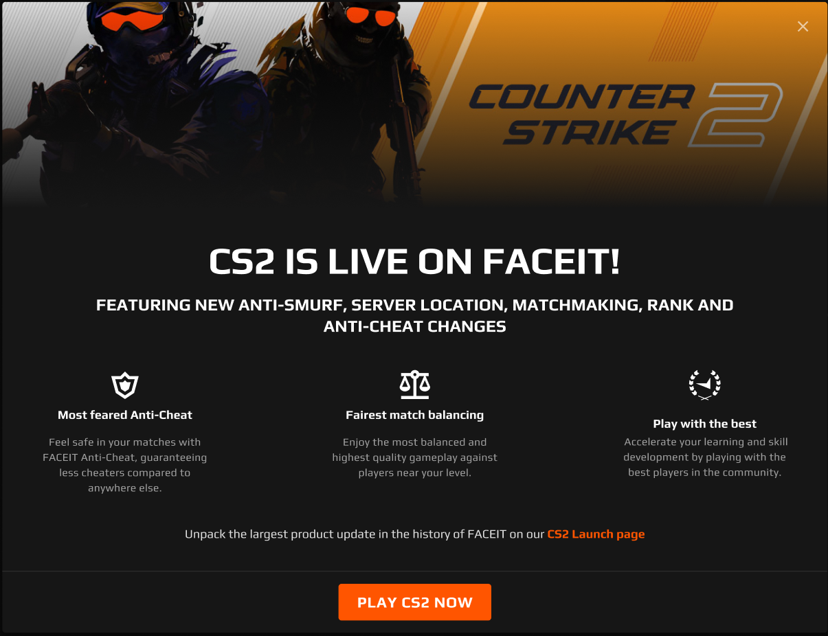 Registro inicial do jogo CS2 – FACEIT Support Brazil