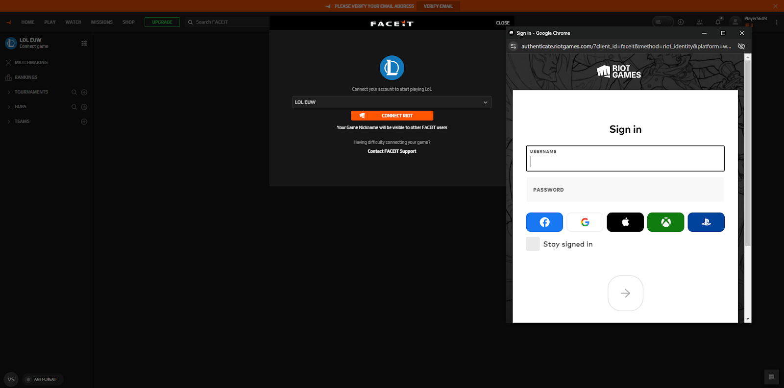 Initial LoL registration – FACEIT